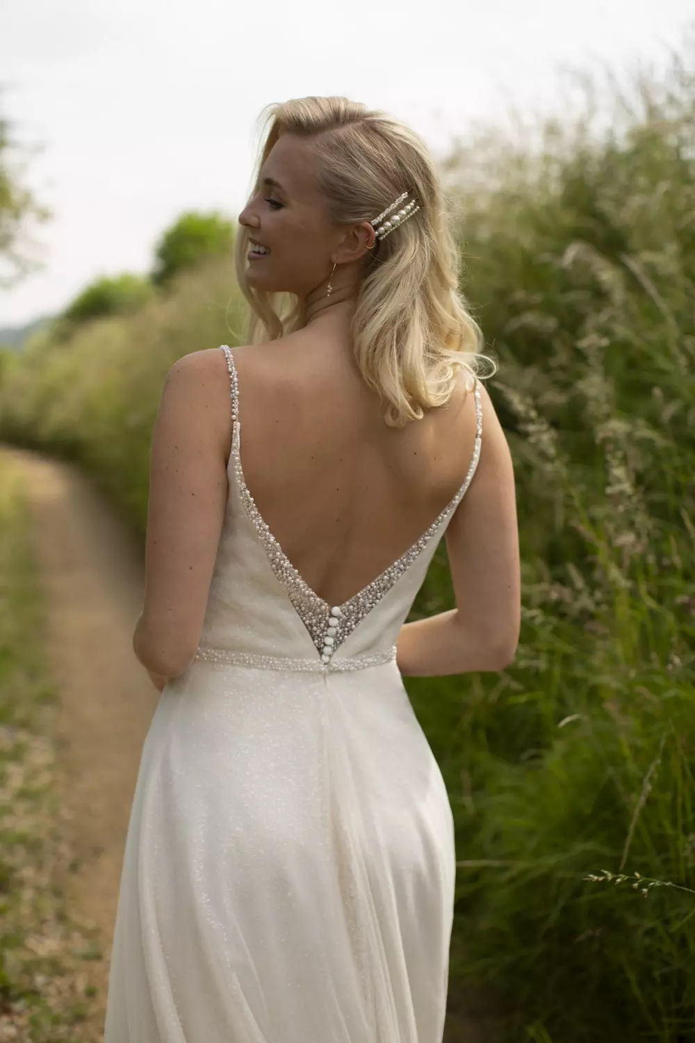 W412 | Pearl Encrusted Glitter Tulle Bridal Gown | True Bride