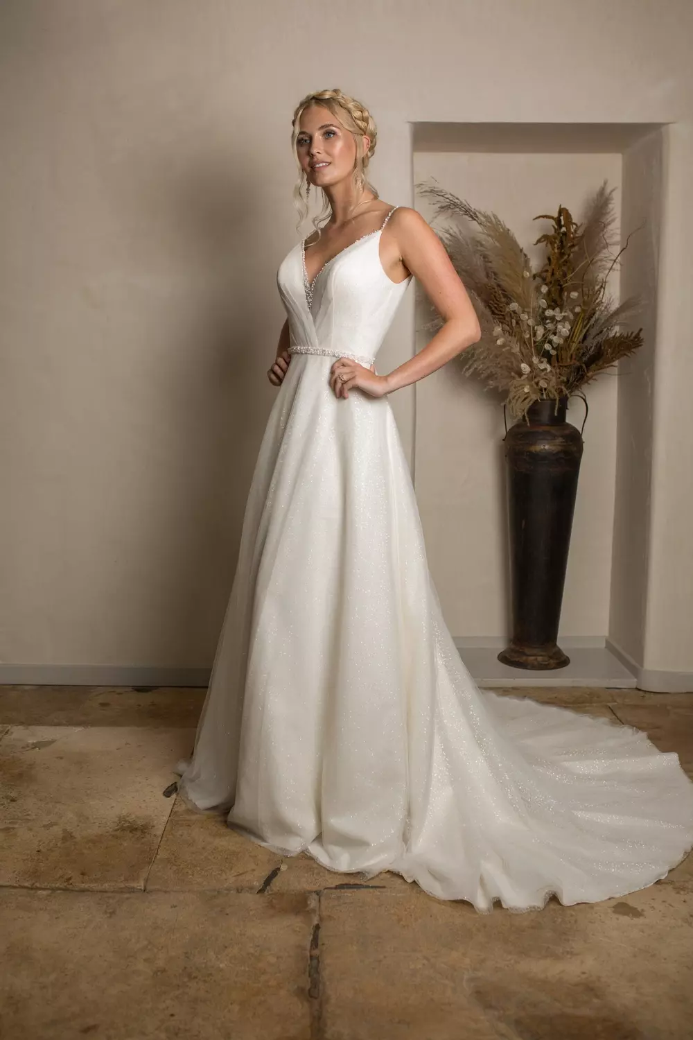 W412 | Pearl Encrusted Glitter Tulle Bridal Gown | True Bride