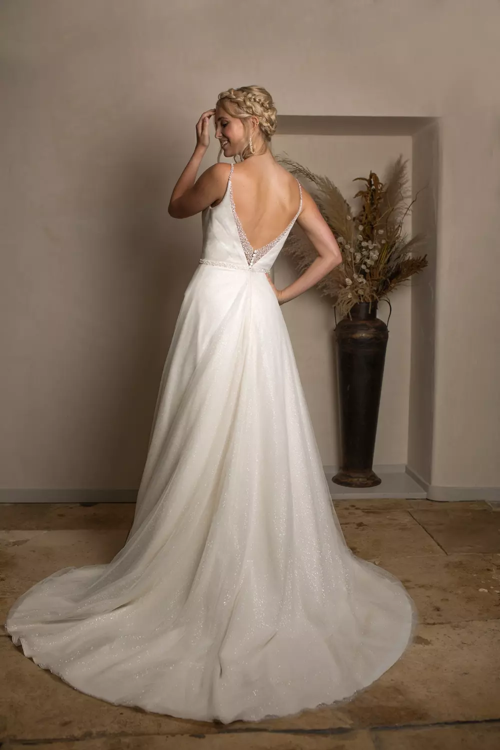 W412 | Pearl Encrusted Glitter Tulle Bridal Gown | True Bride