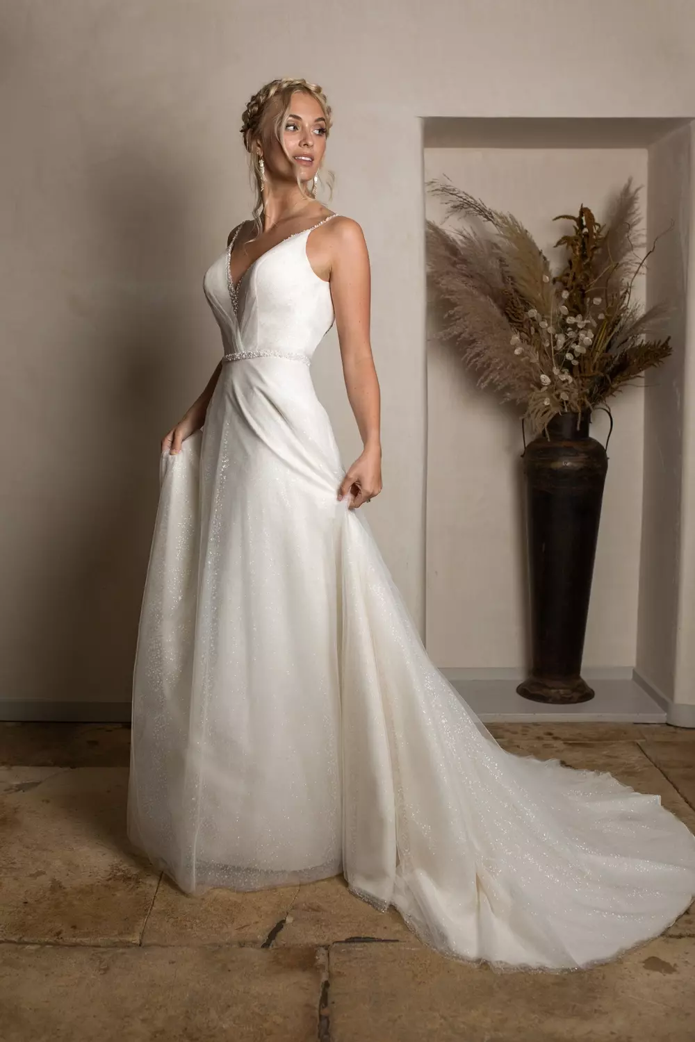 W412 | Pearl Encrusted Glitter Tulle Bridal Gown | True Bride