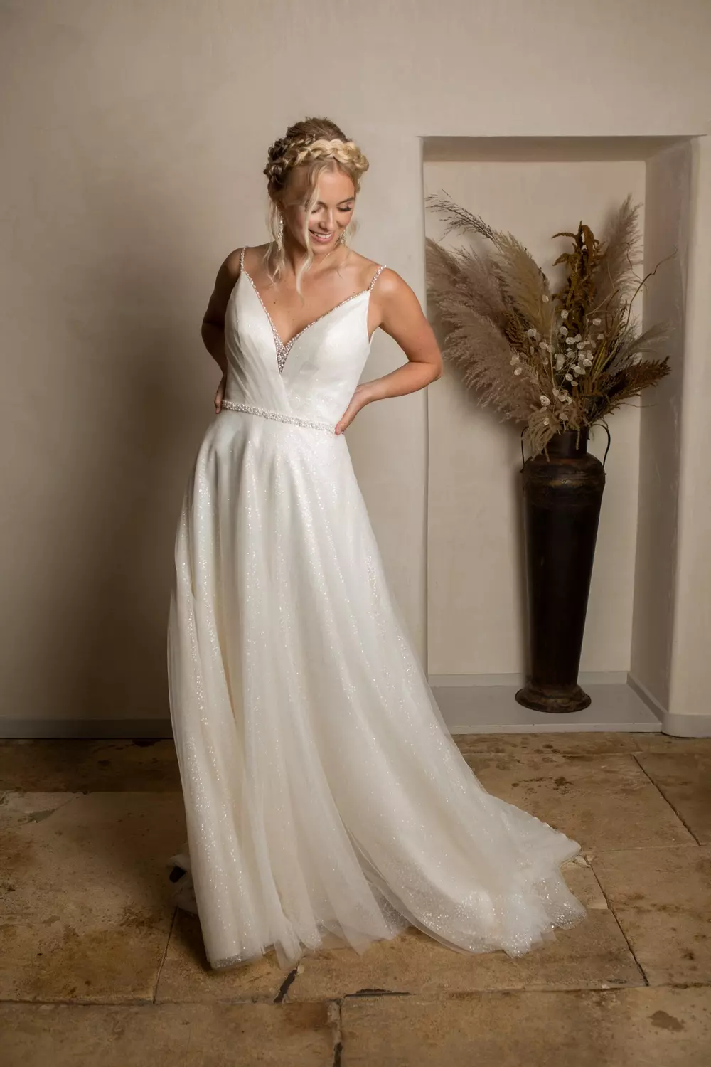 W412 | Pearl Encrusted Glitter Tulle Bridal Gown | True Bride