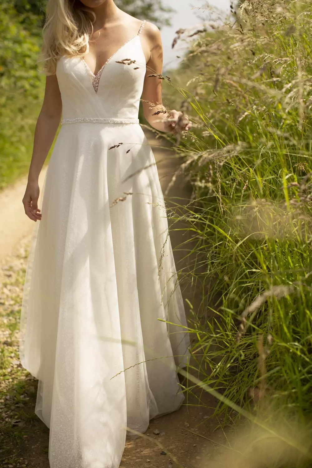 W412 | Pearl Encrusted Glitter Tulle Bridal Gown | True Bride