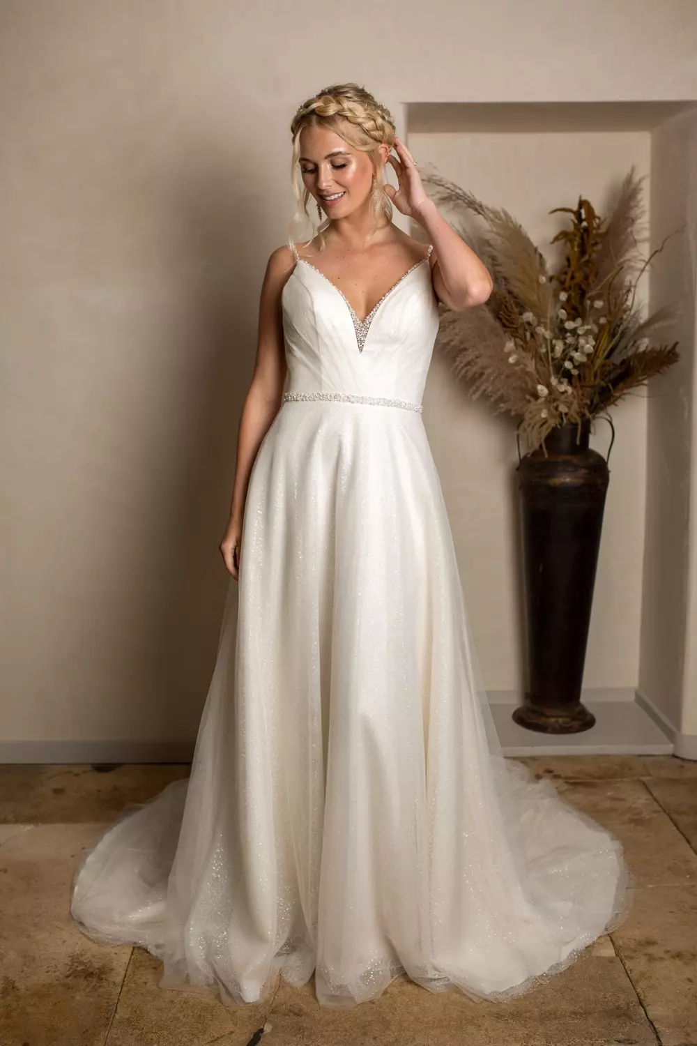 W412 | Pearl Encrusted Glitter Tulle Bridal Gown | True Bride
