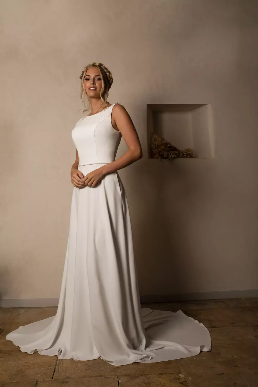 W419 | Elegant Crepe Soft A-line Bridal Gown | True Bride