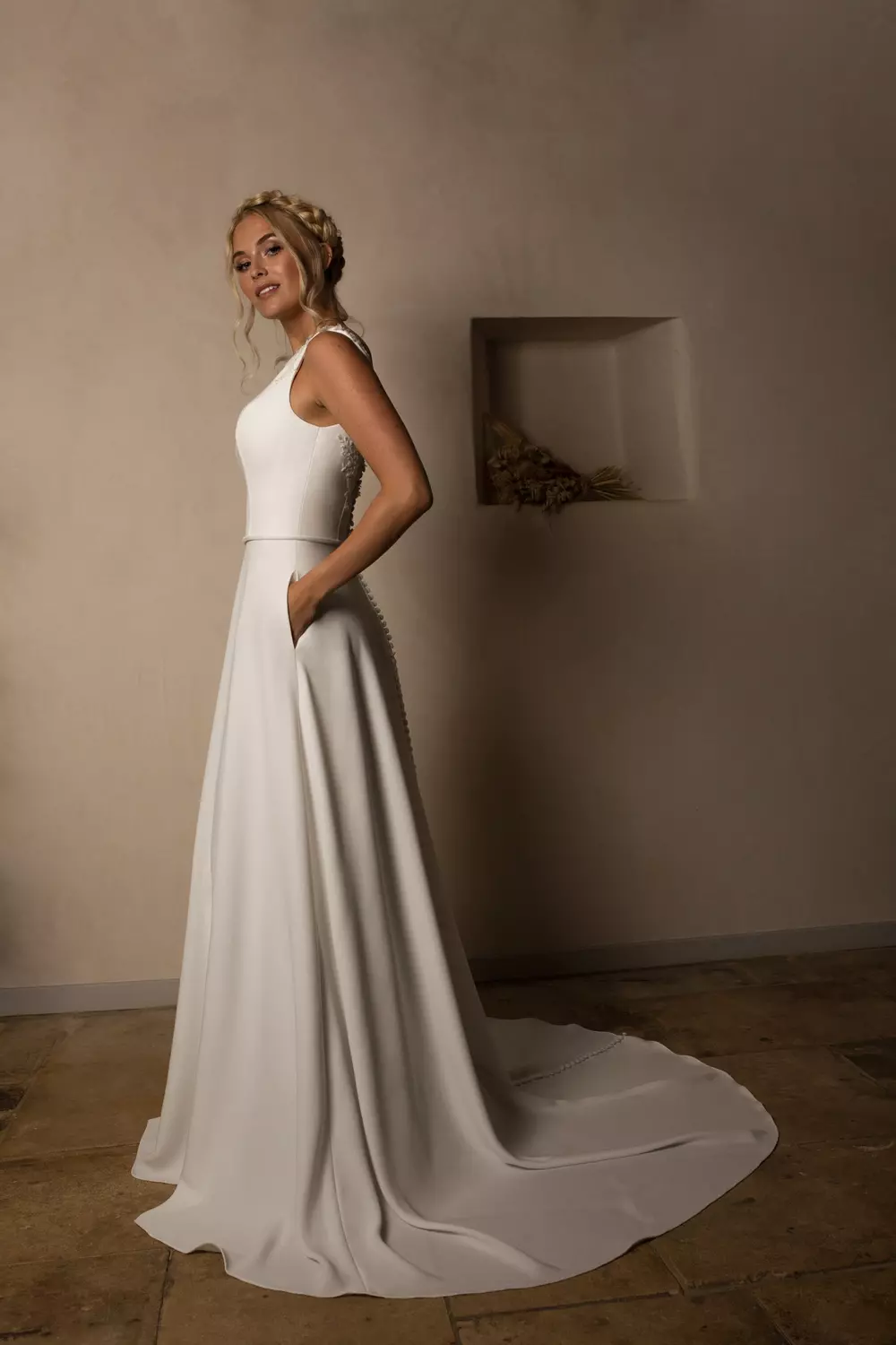 W419 | Elegant Crepe Soft A-line Bridal Gown | True Bride
