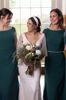 Faith M507 | Classic Style with Decadent Beaded Sleeves | True Bridesmaids