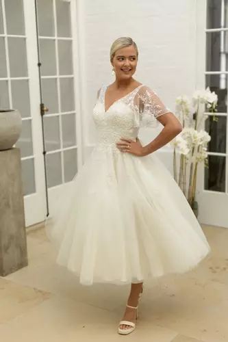 Belle W447 | Pretty Embroidered Tea Length Wedding Dress | True Bride
