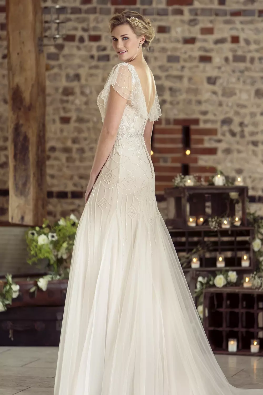 W239 | Art Deco Low Back, Beaded Sleeved Wedding Dress | True Bride