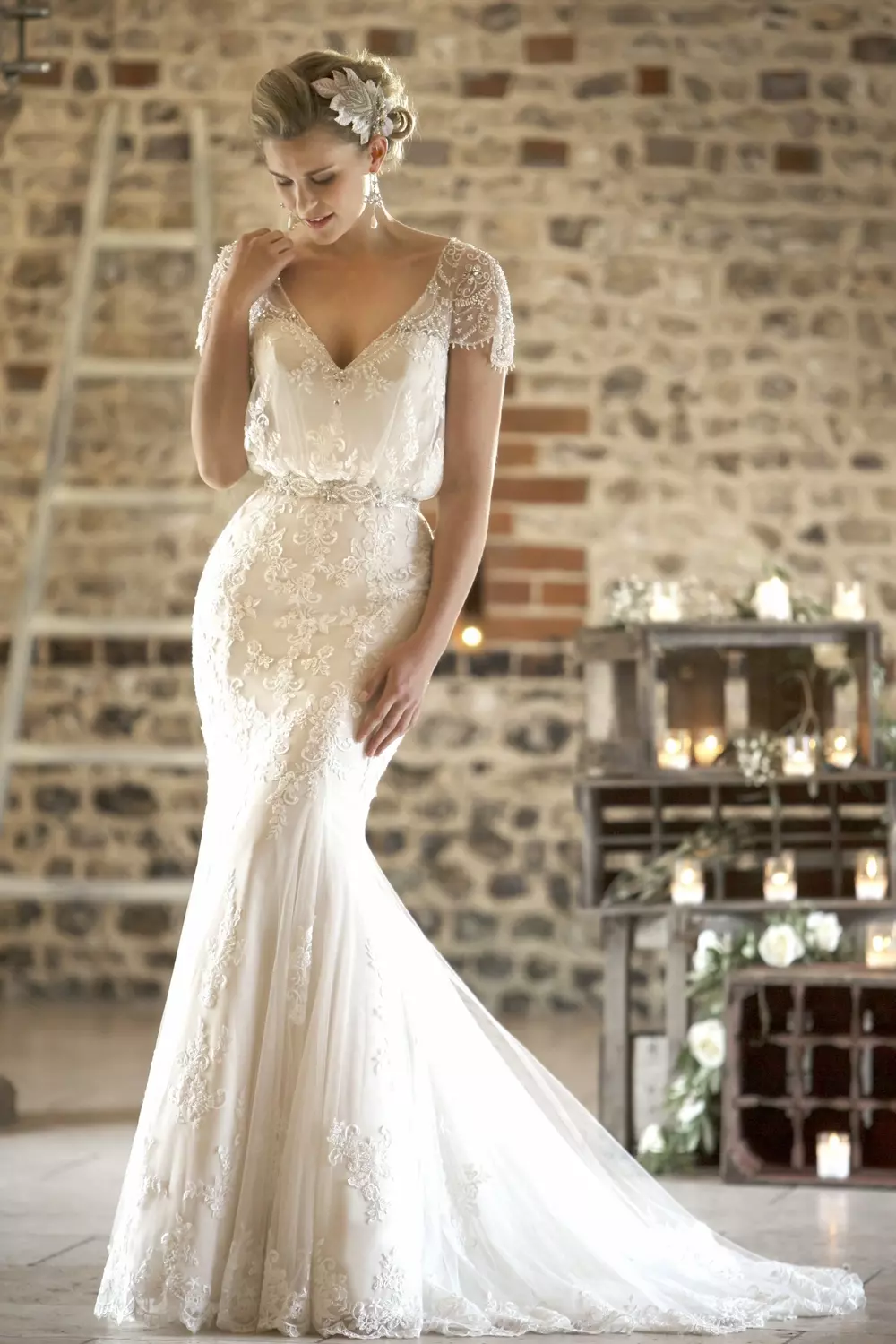W225 | Beaded Lace Fit and Flare Bridal Gown with Sleeves | True Bride